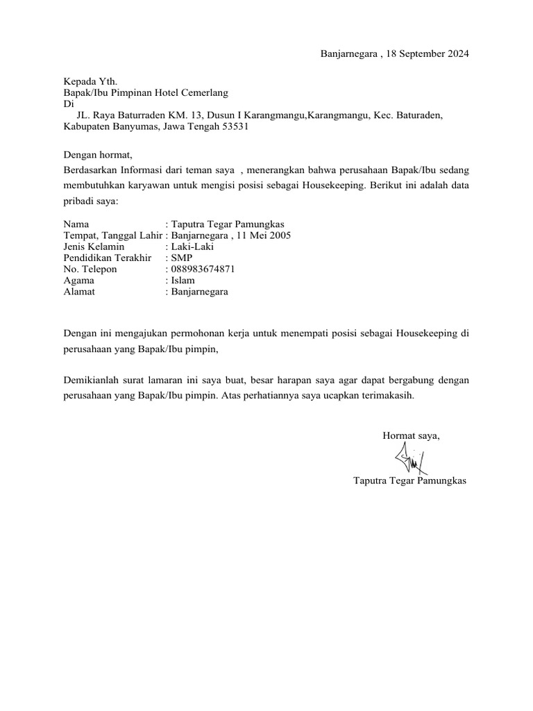 Surat Lamaran Pekerjaan Tegar Pamungkas | PDF