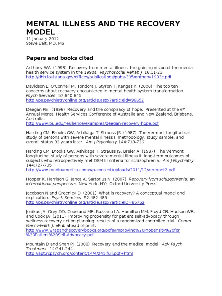 Mental Illness and The Recovery Model: Papers and Books Cited | PDF ...
