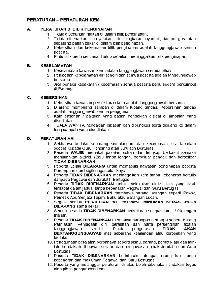 Peraturan Kem Dan Senarai Keperluan Peralatan - Kem Arcana | PDF