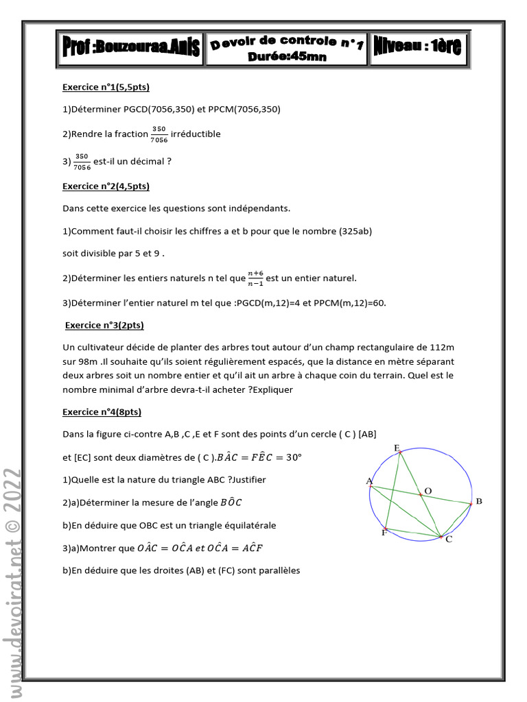 Devoir de Contrôle N°1 - Math - 1ère AS (2021-2022) Mr Bouzouraa Anis | PDF