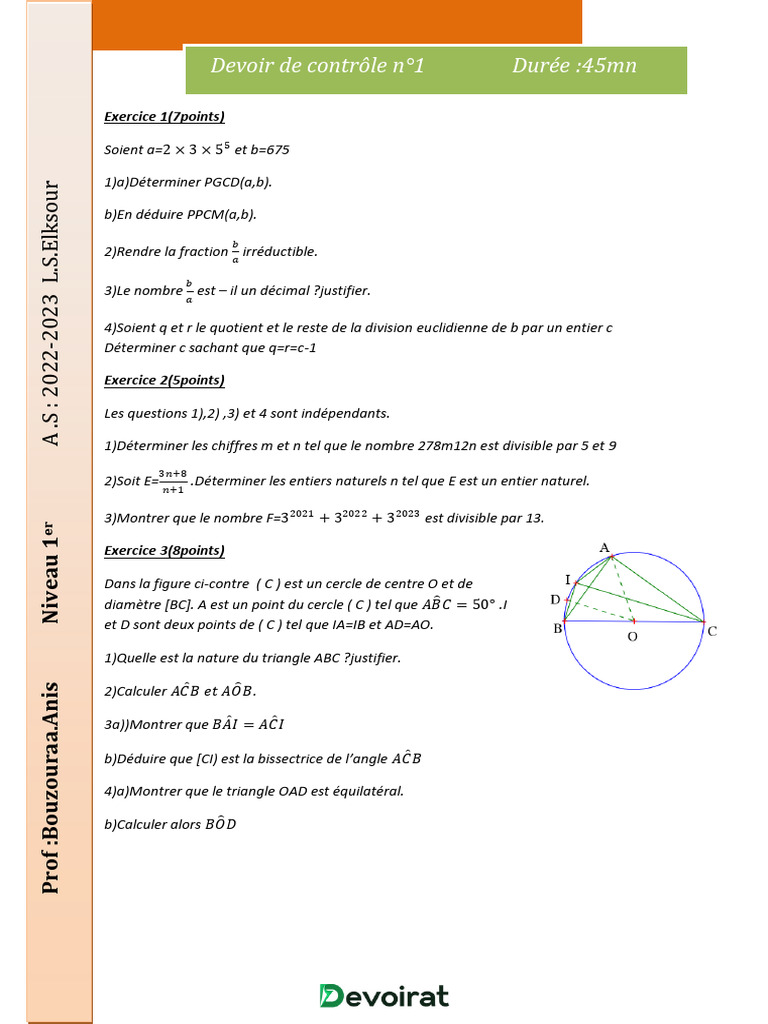 Devoir de Contrôle N°1 - Math - 1ère AS (2022-2023) MR Bouzouraa Anis 1 | PDF