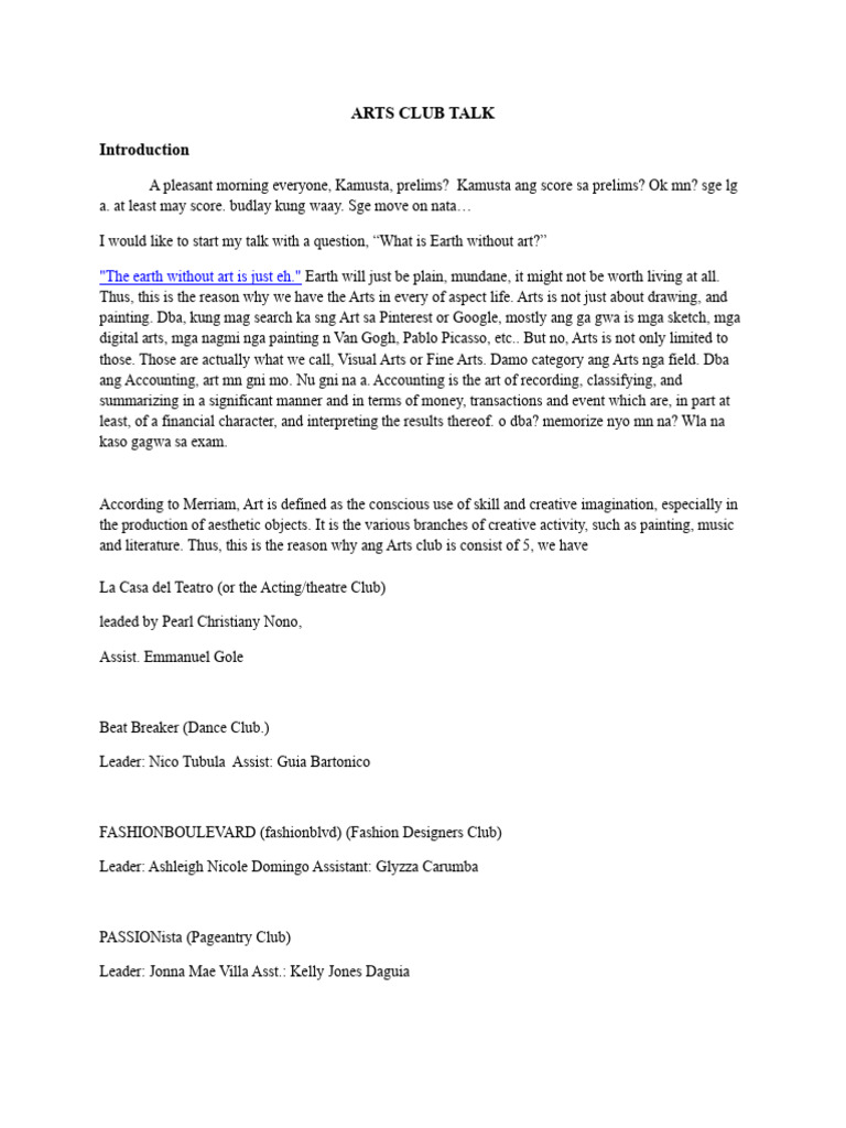 Arts Club Talk | PDF