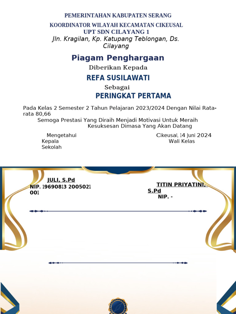 Piagam Penghargaan: Refa Susilawati Peringkat Pertama | PDF