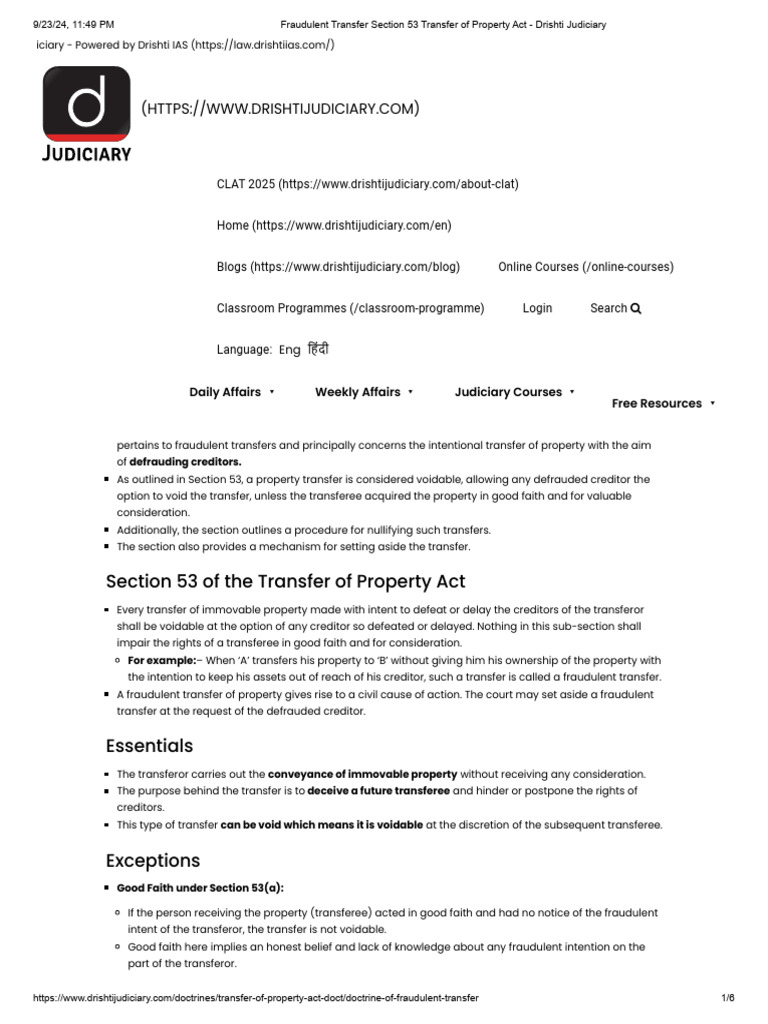 Fraudulent Transfer Section 53 Transfer of Property Act - 1 | PDF