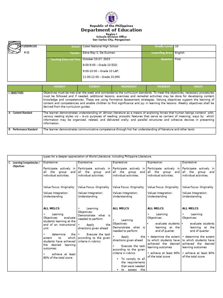 Q1-DLL-English10 - Week9 (October 23-27, 2023) | PDF | Learning | Rubric (Academic)