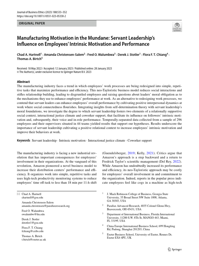 Manufacturing Motivation in The Mundane Servant Leadership's Influence ...