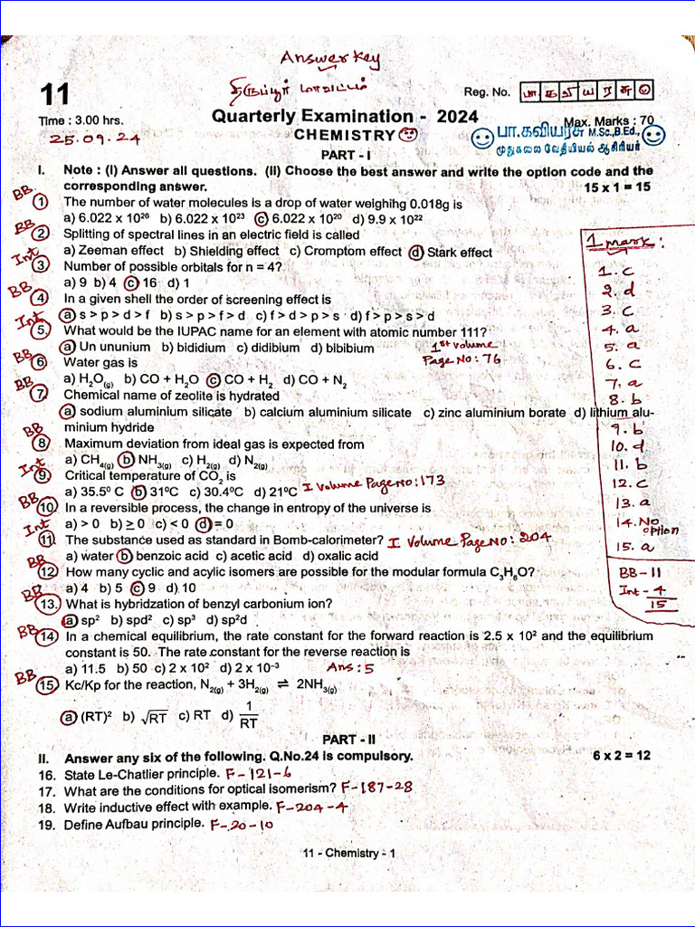 11th Chemistry Quarterly Exam 2024 Question Paper With Answer Keys ...