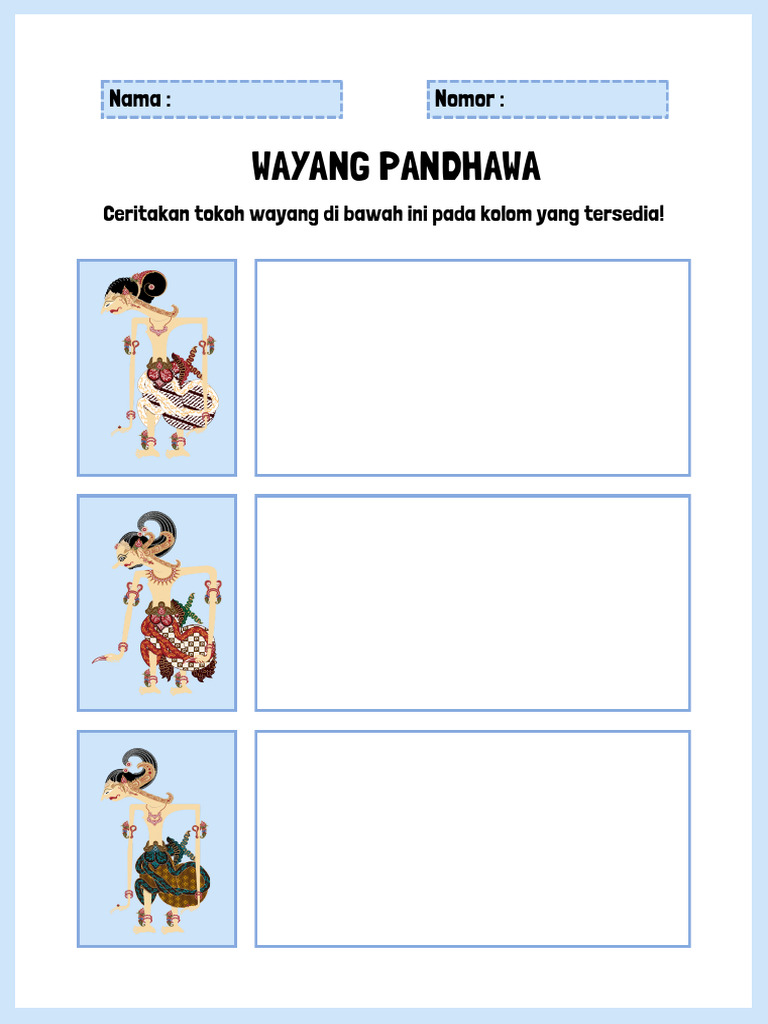 Lembar Kerja Bahasa Jawa Wayang Biru Putih Ilustratif | PDF