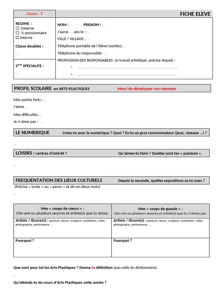 Fiche de Presentation de L'élève | PDF