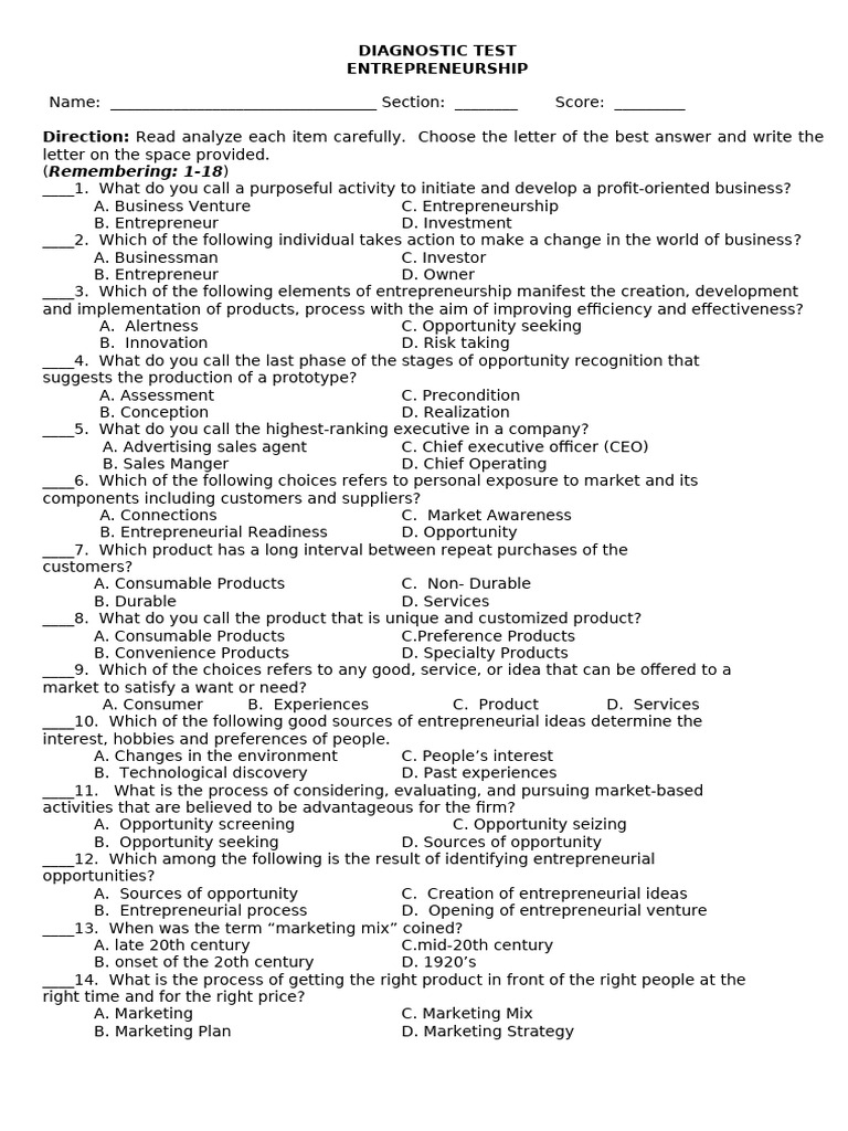 DIAGNOSTIC Entrep | PDF