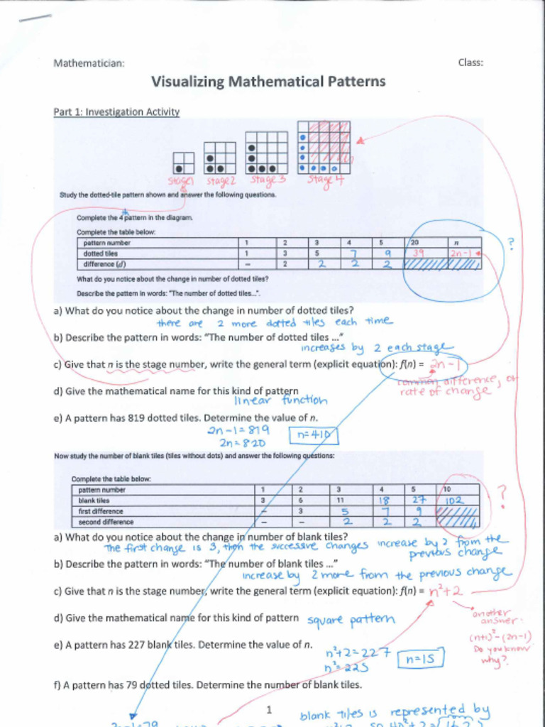 Lesson 1 - Visualizing Mathematical Patterns Key | PDF