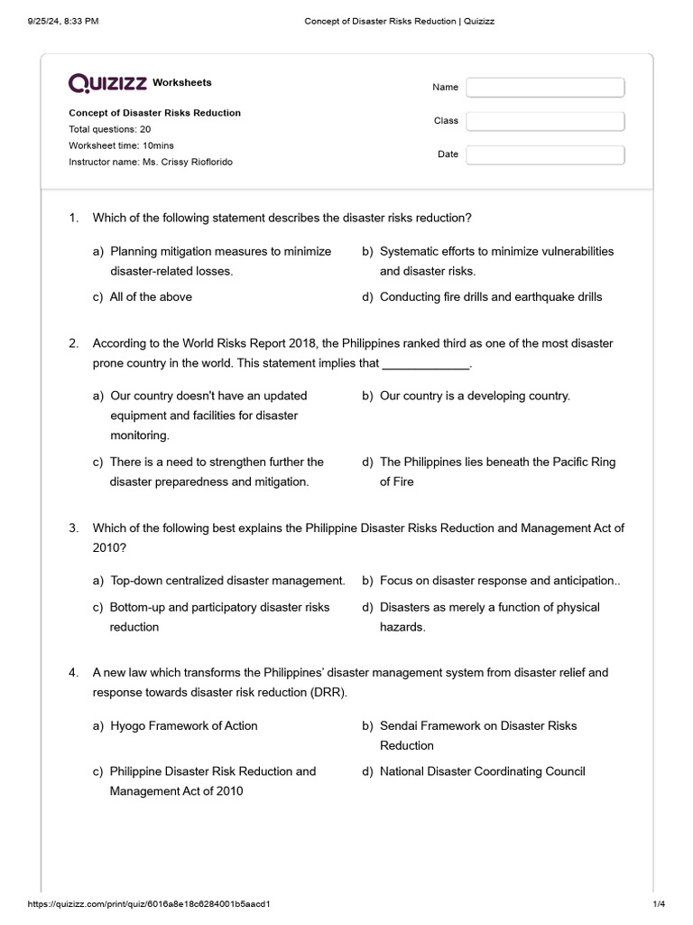 Disaster Risk Reduction Worksheets | PDF | Emergency Management ...