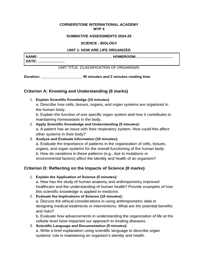 Myp 4 Unit 1 Summative Assessment 1 | PDF