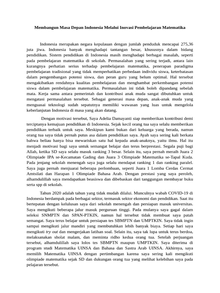 Contoh Essay Beasiswa Unggulan Dengan Tema "Karya Hebatku Untuk Kemajuan Indonesia" | PDF