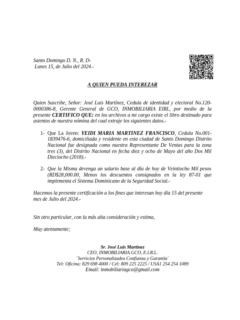 Carta de Trabajo Yeidi Luisa Rincon | PDF