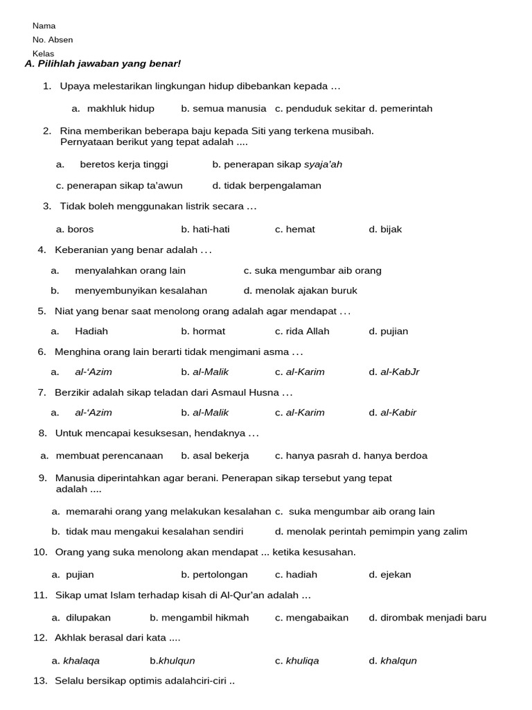 MI FAJAR AKIDAH AKHLAK 3 SUMATIF AKHIR TAHUN | PDF