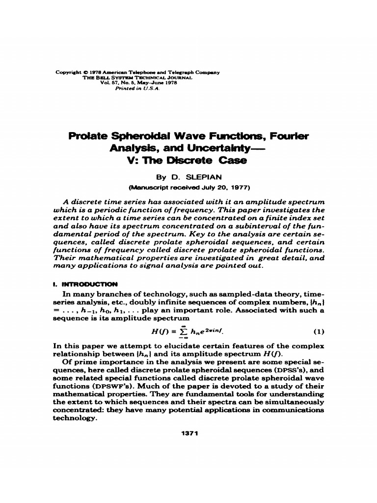 Prolate Spheroidal Wave Functions Fourier Analysis and Uncertainty V The Discrete Case | PDF