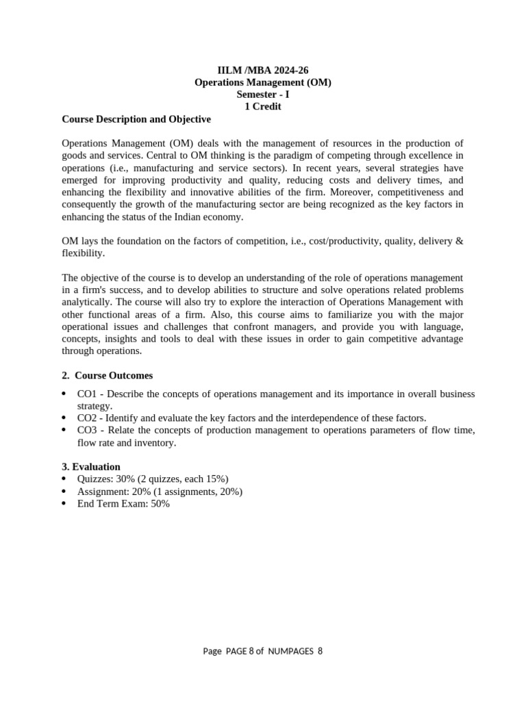 OM Module Plan - Sem-I 2024-26 | PDF