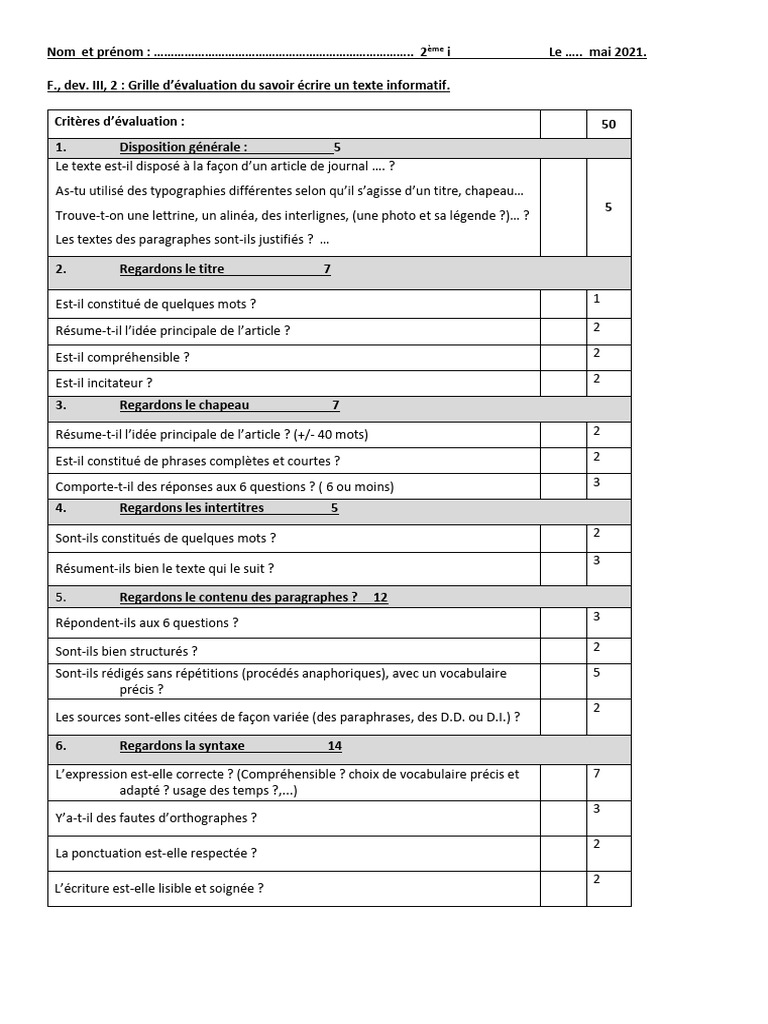 Grille de Correction Texte Info | PDF