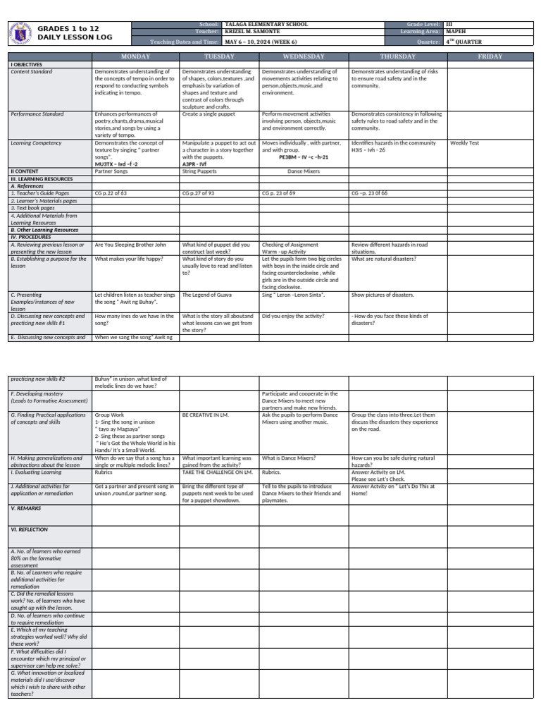 DLL Mapeh-3 Q4 W6 | PDF