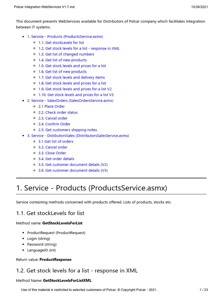 Polcar Integration WebServices V1.7 | PDF
