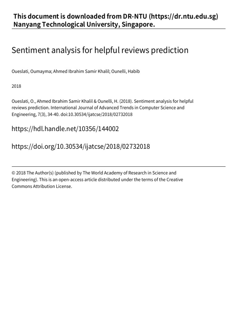 Sentiment Analysis for Helpful Review Predictions | PDF