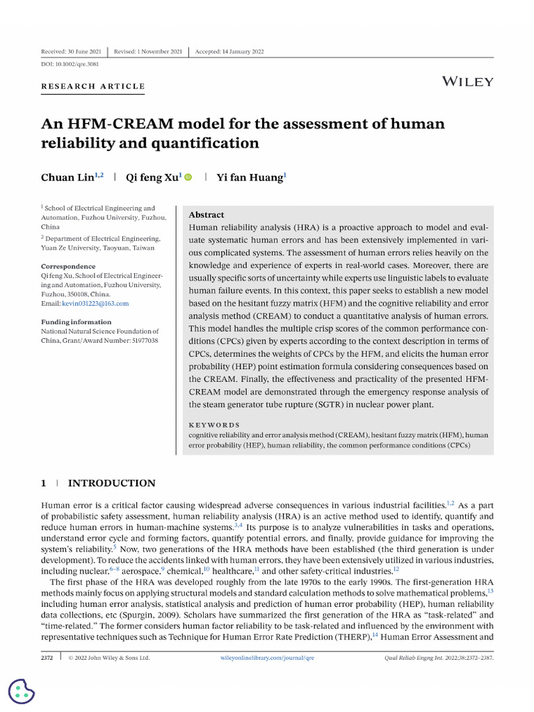 An HFM CREAM Model For The Assessment of Human Reliability and ...