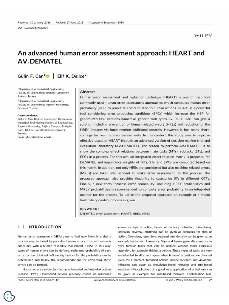 An Advanced Human Error Assessment Approach - HEART and AV DEMATEL | PDF
