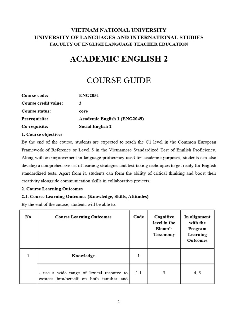 Academic English 2 Course Guide | PDF | Educational Assessment | Vocabulary