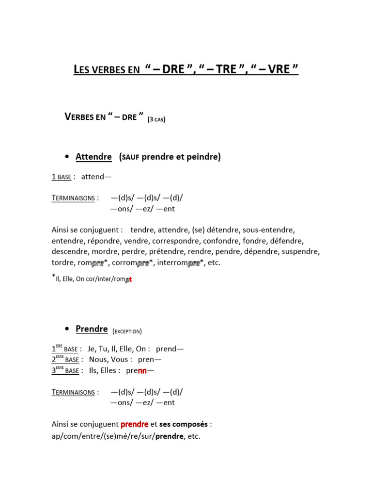 Les Verbes en " - Dre ", " - Tre ", " - Vre " | PDF