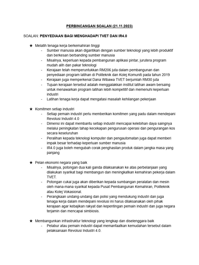 Soalan 2 Penyediaan Menghadapi Tvet Dan Ir4.0 | PDF