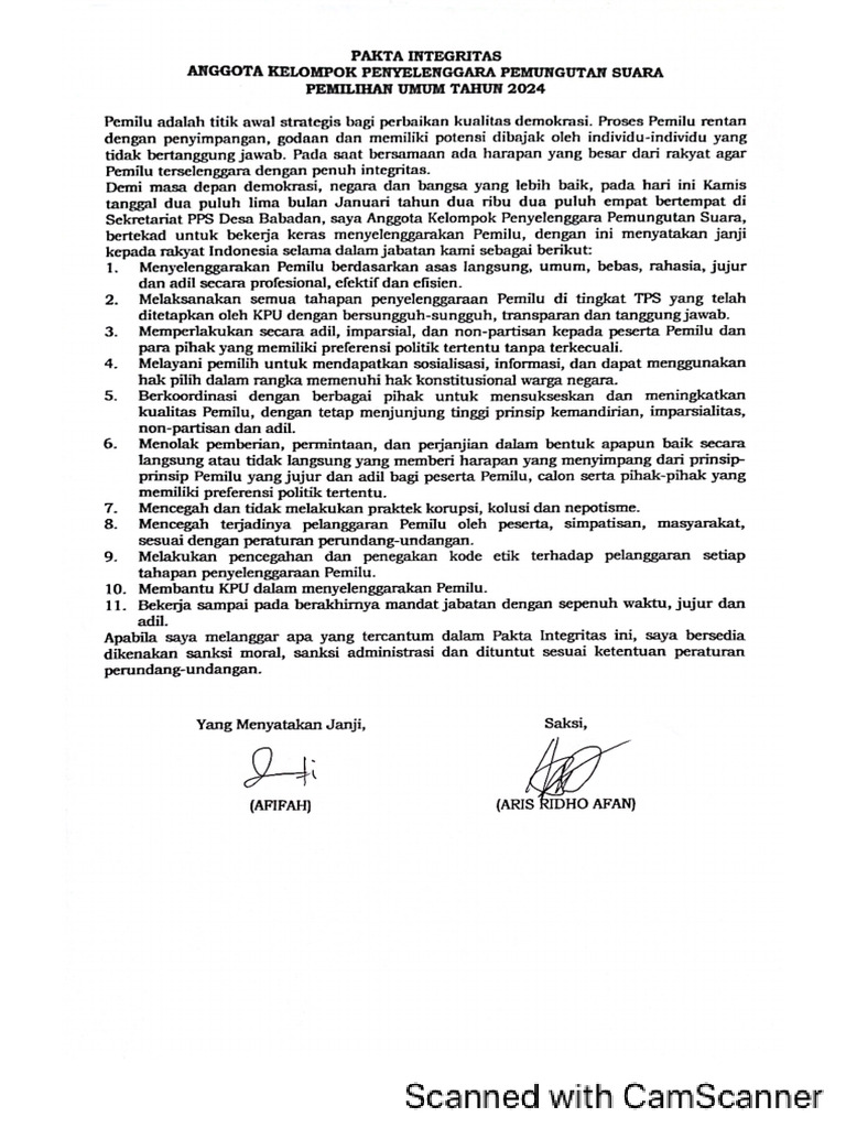 PAKTA INTEGRITAS- TPS 6 | PDF