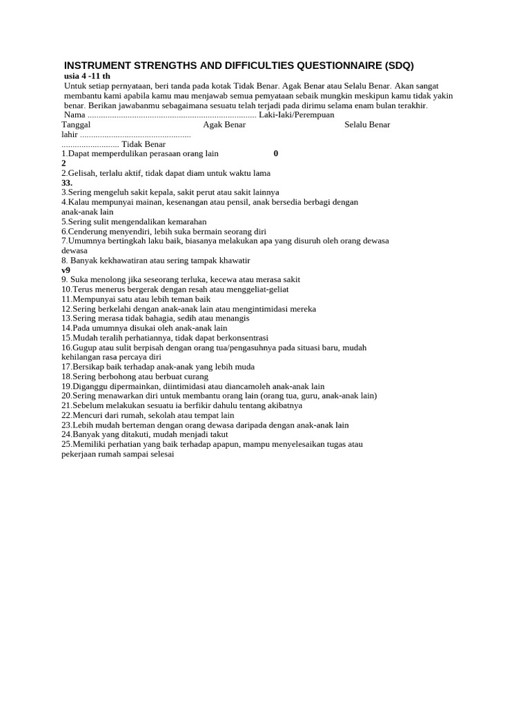 Instrument Strengths and Difficulties Questionnaire | PDF