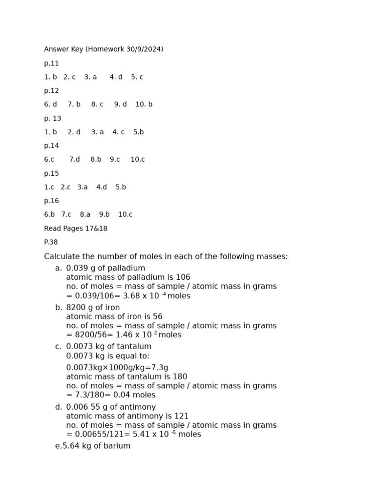 Chemistry Homework Answer Key 2024 | PDF | Mole (Unit) | Atoms