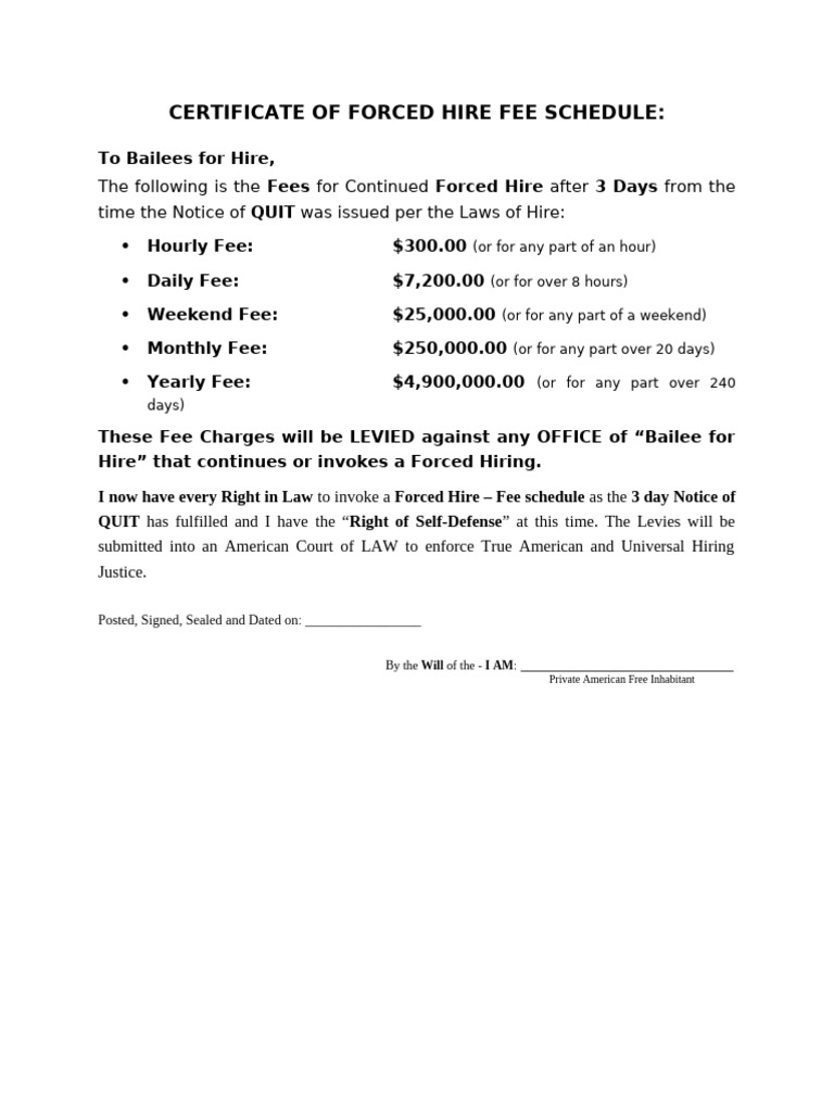 My CERTIFICATE OF FORCED HIRE FEE SCHEDULE | PDF