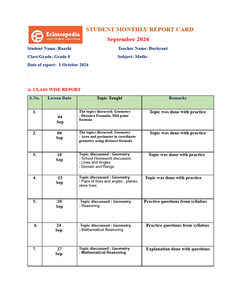 Raashi September Monthly Report Card | PDF