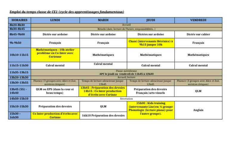 Emploi du temps classe de CE1 | PDF