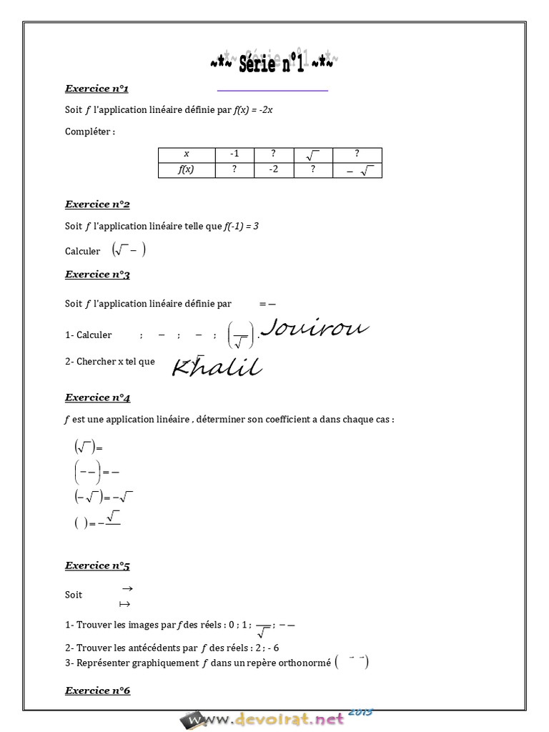 Série D'exercices - Math Fonction Linéaire - 1ère AS (2015-2016) MR Jouirou Khalil | PDF