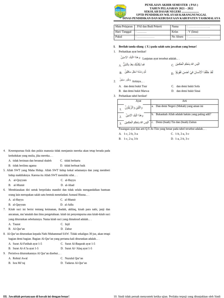 Soal Pas Pai Kelas 5 SMT 1 Revisi | PDF