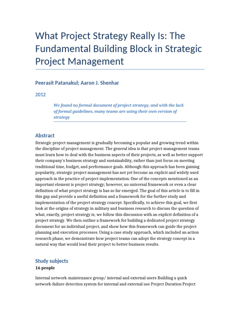 What Project Strategy Really Is The Fundamental Building Block in Strategic Project Management | PDF