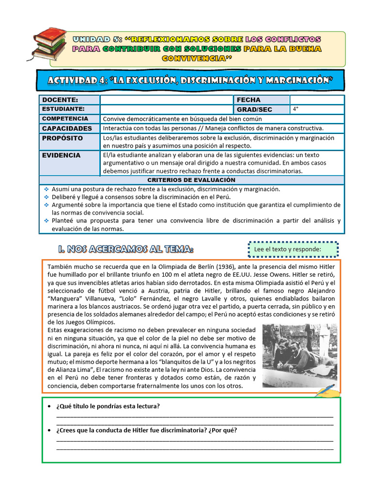 FICHA DE DPCC 4° - La Exclusión, Discriminación y Marginación | PDF