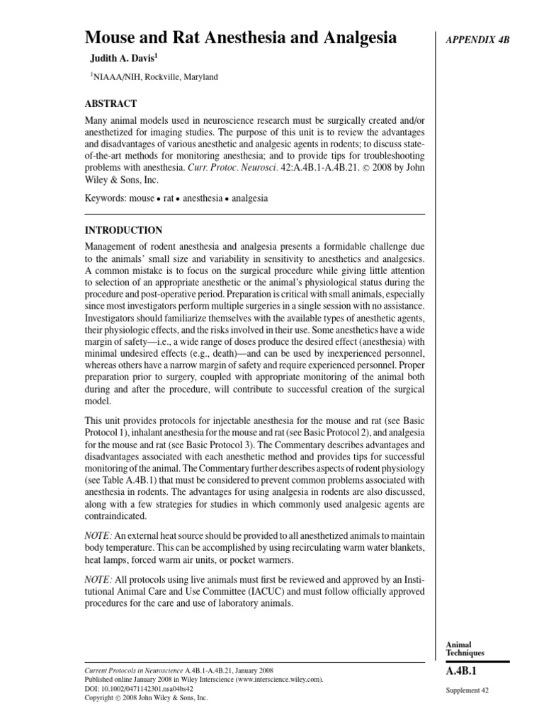 CP Neuroscience - 2008 - Davis - Mouse and Rat Anesthesia and Analgesia ...