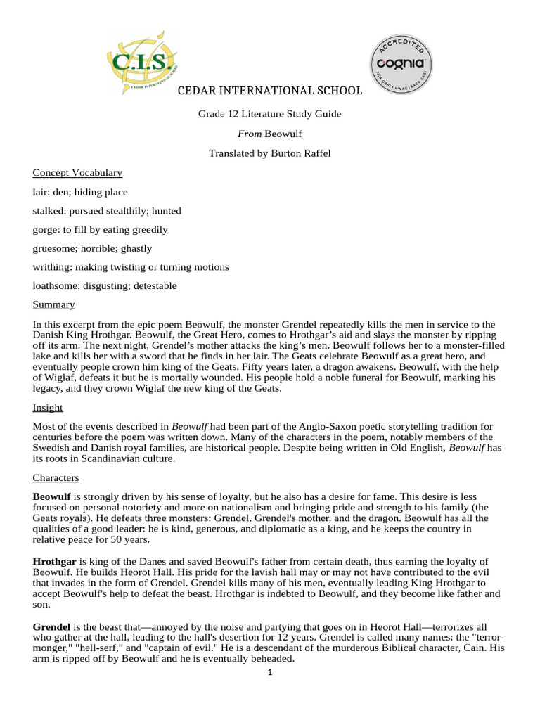 Beowulf Study Guide for Grade 12 | PDF | Beowulf | Germanic Heroic Legends