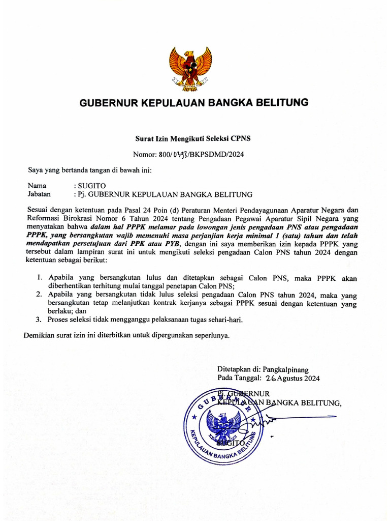 Surat Izin PPPK Mengikuti CPNS 2024 | PDF