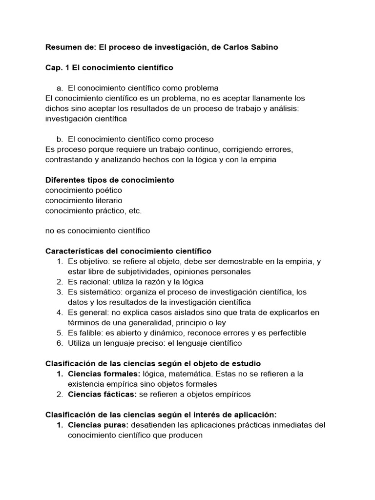 Resumen de - El Proceso de Investigación, de Carlos Sabino | PDF