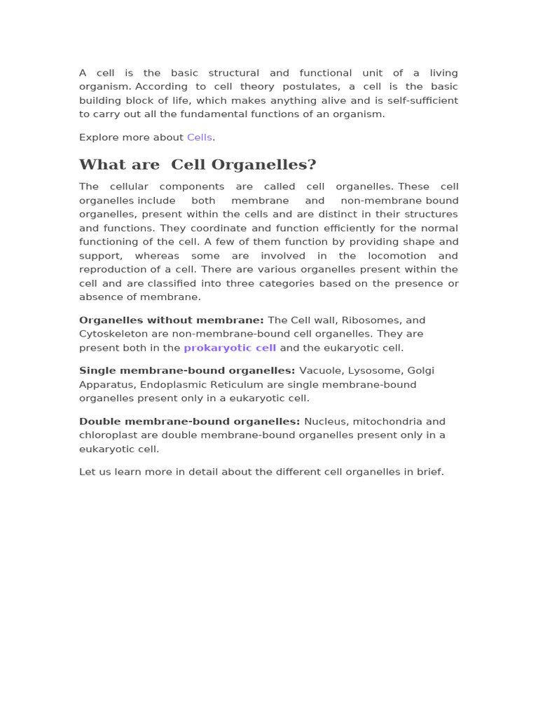 Overview of Cell Organelles and Functions | PDF | Cell (Biology) | Wellness