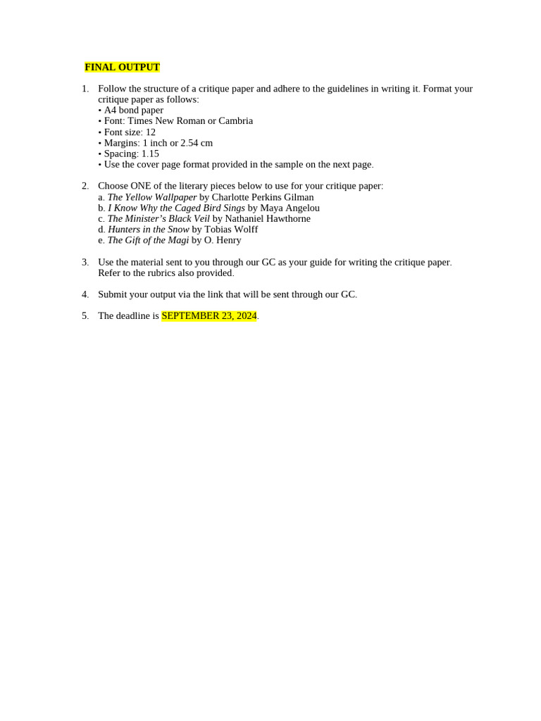 Critique Paper Format Features AND Structure OF A Critique Paper