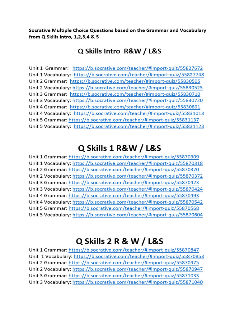 Socrative MCQs From Q Skills Intro-1-2-3-4-5 | PDF | Standardized Tests ...