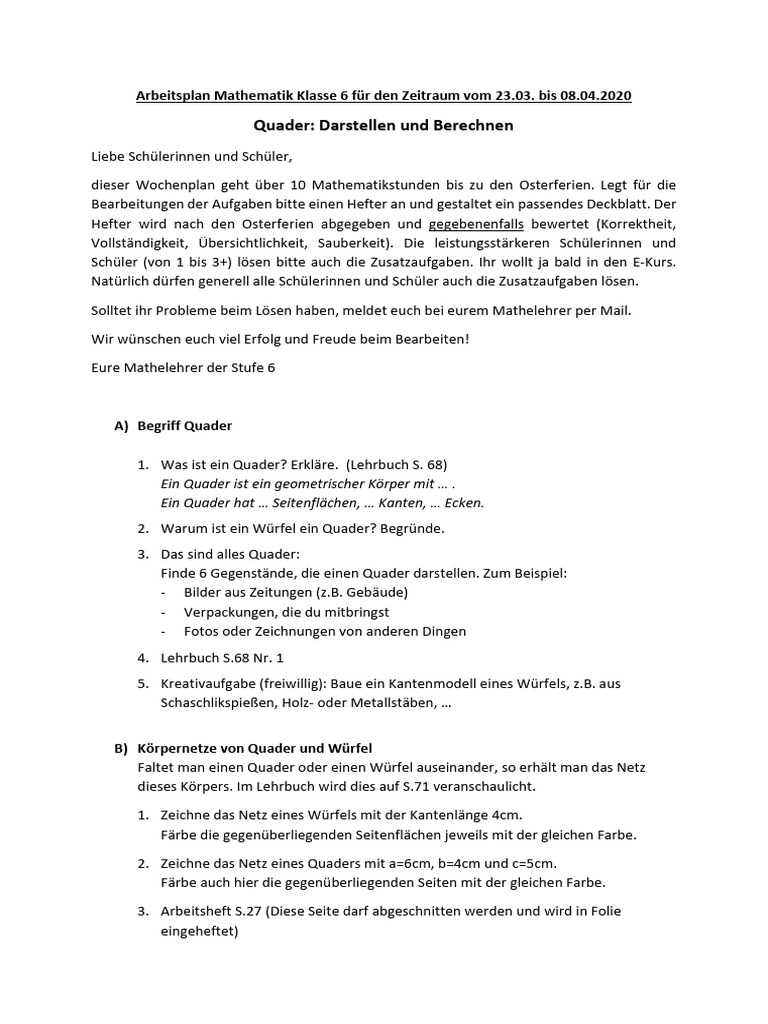 Arbeitsplan Ma Kl6 Quader 23.03-08.04 | PDF