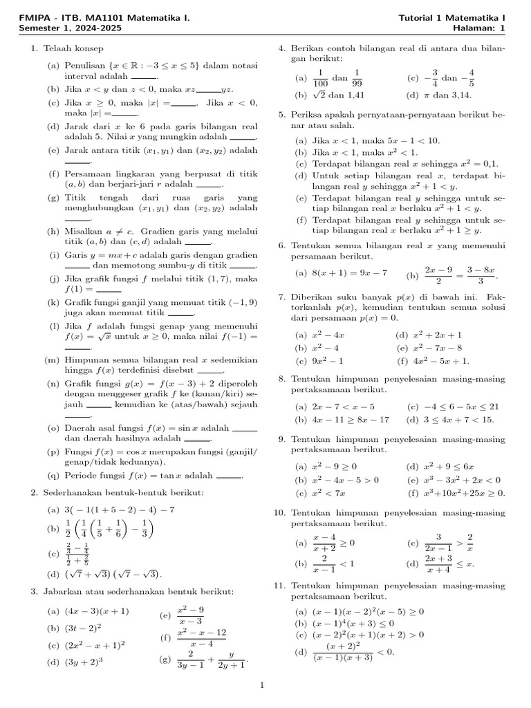 Tutorial 1 MA1101 Matematika I 2024 | PDF